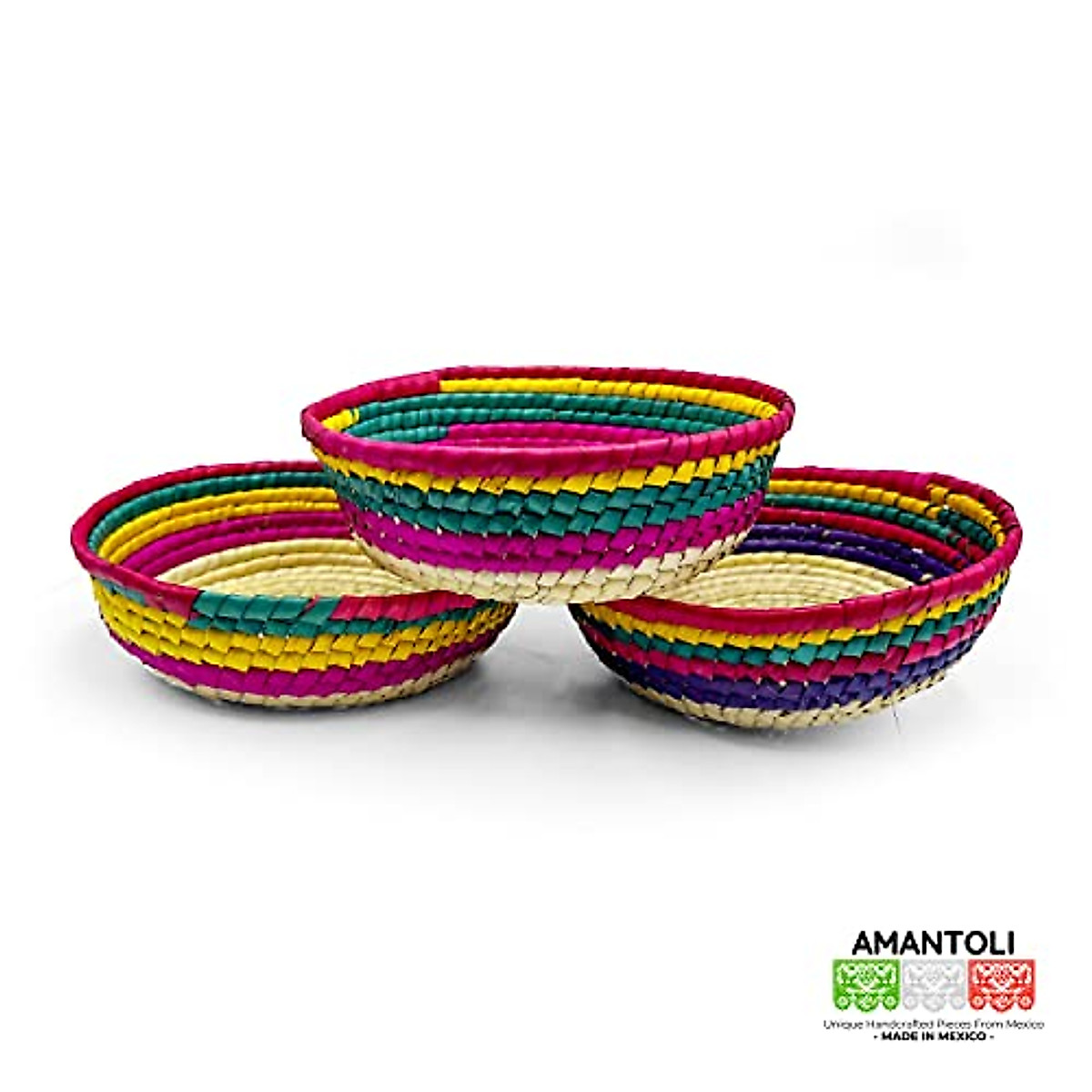 Amantoli - 3 Piece Mexican Handwoven Tortilla Basket Set - Large (8 inches) - Colorful | Tortilla | Pancake | Arepa| Warmer - Authentic Tortillero Set/Mexican Party - Décor