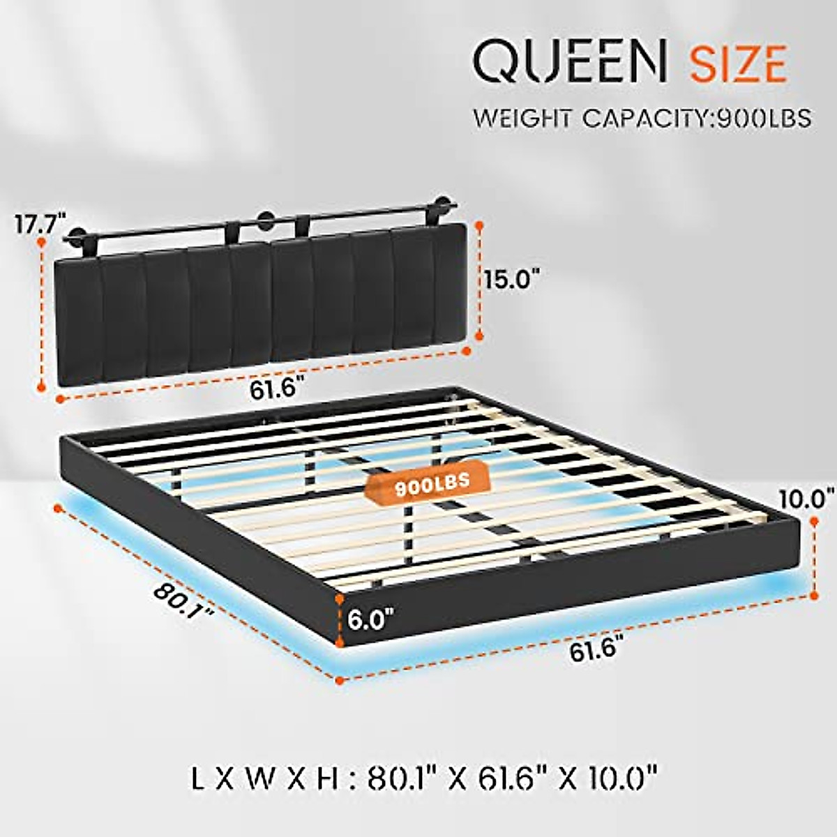 Hasuit Queen Floating Bed Frame with Led Light, Modern Inspired Queen Size Bed Platform, Vegan Leather Upholstered Wall Mounted Headboard, No Box Spring Needed, Noise Free, Easy Assembly