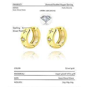 HUARJO 14K Gold Plated Sterling Silver Post Small Chunky Gold Hoop Earrings,Diamond Studded Huggie Earrings for Women 8mm 10mm 12mm (12mm, Gold)