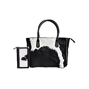 Women's Western Classic Cowhide Tote Bag Shoulder Handbag with Freebie Clutch Shoulder Hand Bag Classical Tote (brown black)