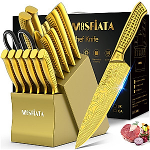 MOSFiATA Kitchen Knife Set, 17 Pcs Japanese Stainless Steel Knife Sets for Kitchen with Block with Knife Sharpening Rod, Dishwasher Safe, Gift Set,Titanium Plated Knife Block Set