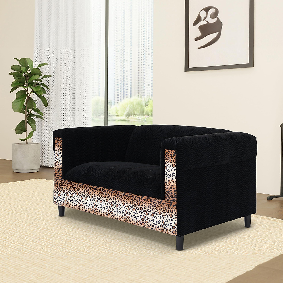 Coast to Coast Sofas Broadway Velvet Black Loveseat Sofa for Living Room with Leopard Print, Modern Décor Love Seat Mini Small Couches for Small Spaces and Bedroom with Solid Wood Frame