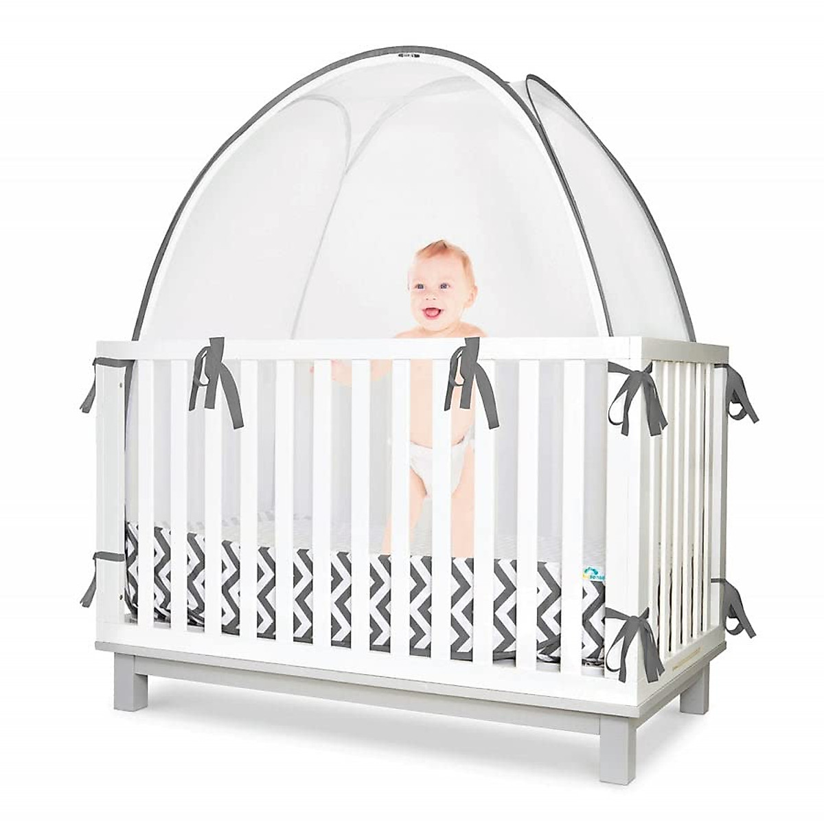 KinderSense® - Baby Safety Crib Tent - Premium Toddler Crib Topper to Keep Baby from Climbing Out - See Through Mesh Crib Net - Mosquito Net - Pop-Up Crib Tent Canopy to Keep Infant in (Grey Chevron)
