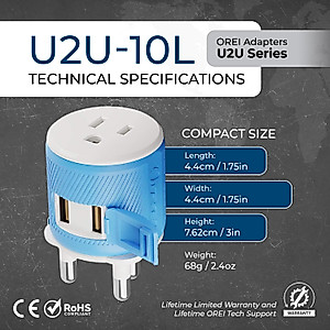 OREI South Africa, Botswana, Namibia Travel Plug Adapter with Dual USB - USA Input - Type M (U2U-10L), Will work with Cell Phones, Camera, Laptop, Tablets, iPad, iPhone