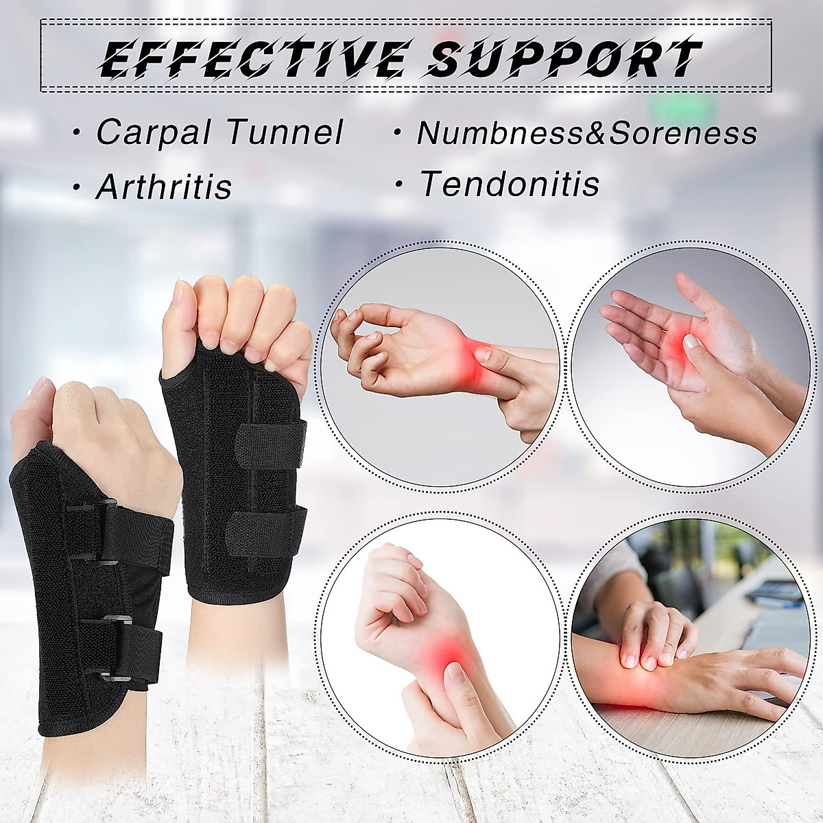 Konohan 2 Pcs Wrist Brace for Kids Youth Carpal Tunnel Black Splints Wrist Brace Night Support with Adjustable Compression Straps for Children Sports Sleep (Age 3-8)