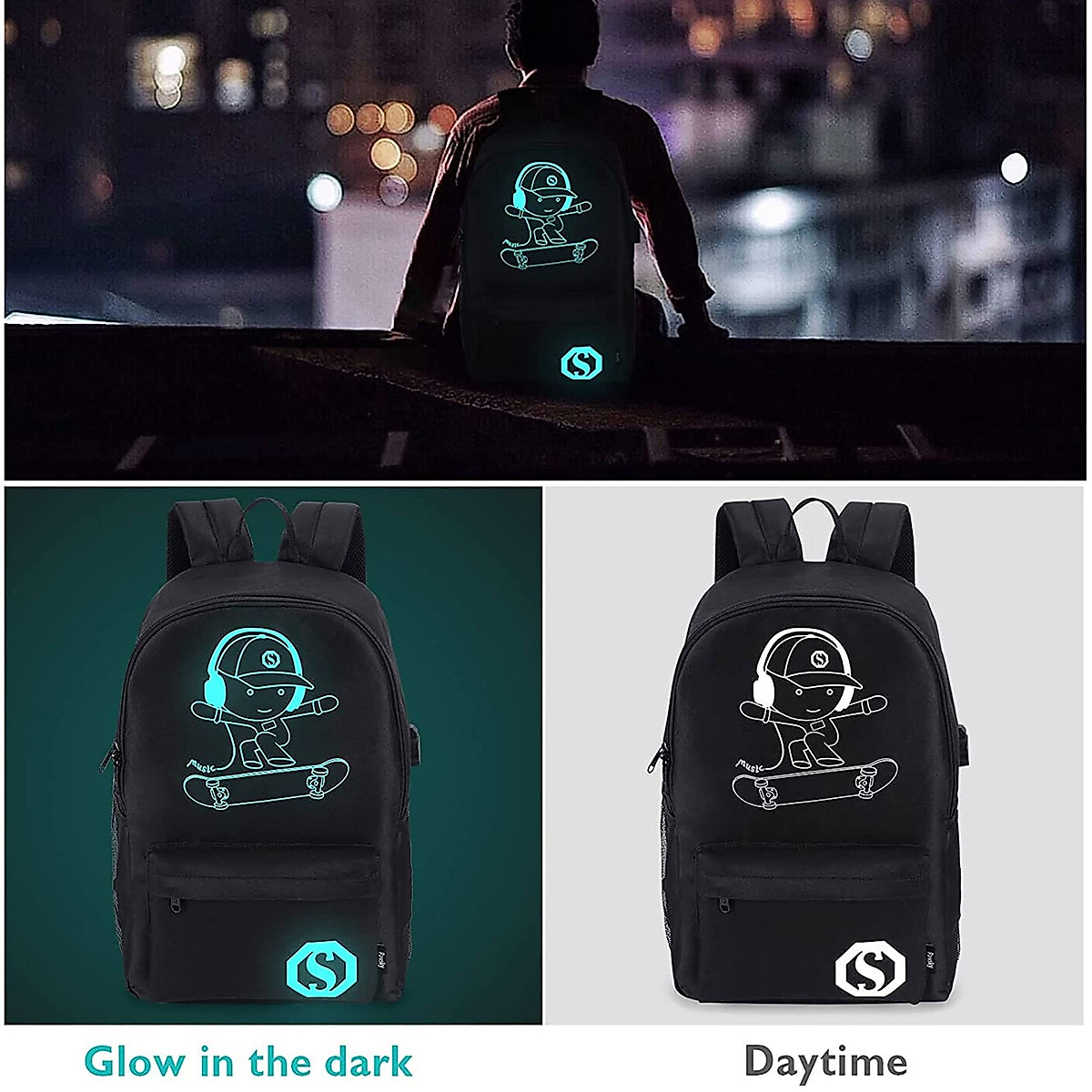 Pawsky School Backpack for Kids Skateboard Anime Luminous Backpack with USB Charging Port, Anti Theft Lock, College School Bookbag for Teen Boys and Girls with Lunch Bag and Pencil Case