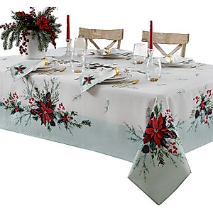 Lintex Holly Bough Stonewashed Border Traditional Christmas Tablecloth, Poinsettia and Holly Sprig Sage, Bordered Xmas Holiday Easy Care Fabric Tablecloth, 60 Inch x 102 Inch Oblong/Rectangle