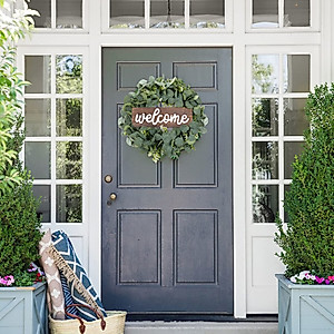 GTIDEA 18 Inch Eucalyptus Wreath for Front Door Summer Wreath with Welcome Sign Greenery Wreaths Farmhouse for Home Porch Wall Bedroom Window Festival All Season Wedding Decor