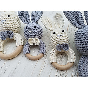 Natural Wooden Baby Toys Cotton Crochet Bunny Teething Ring Teether Rattle Set of 2 Newborn Unisex Baby (Grey Mama White Baby)