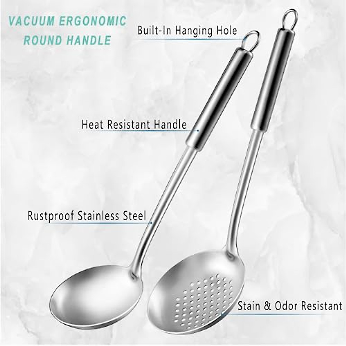 Pleafind 2-Pcs Ladle and Slotted Spoon, Soup Ladle and Strainer, Stainless Steel Cooking Utensils, Wok Utensils for Home and Restaurant, Dishwasher Safe