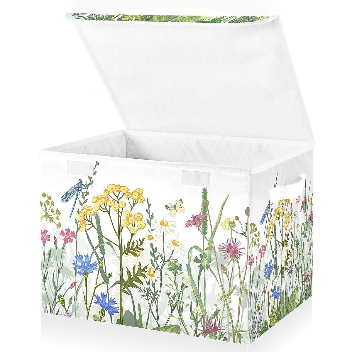 JUMBEAR Herbs Wild Flower Rectangular Storage Bin with Lid and Handle, Collapsible Toys Clothes Storage Basket Organizer for Closet, Office, Nursery, Home Decor