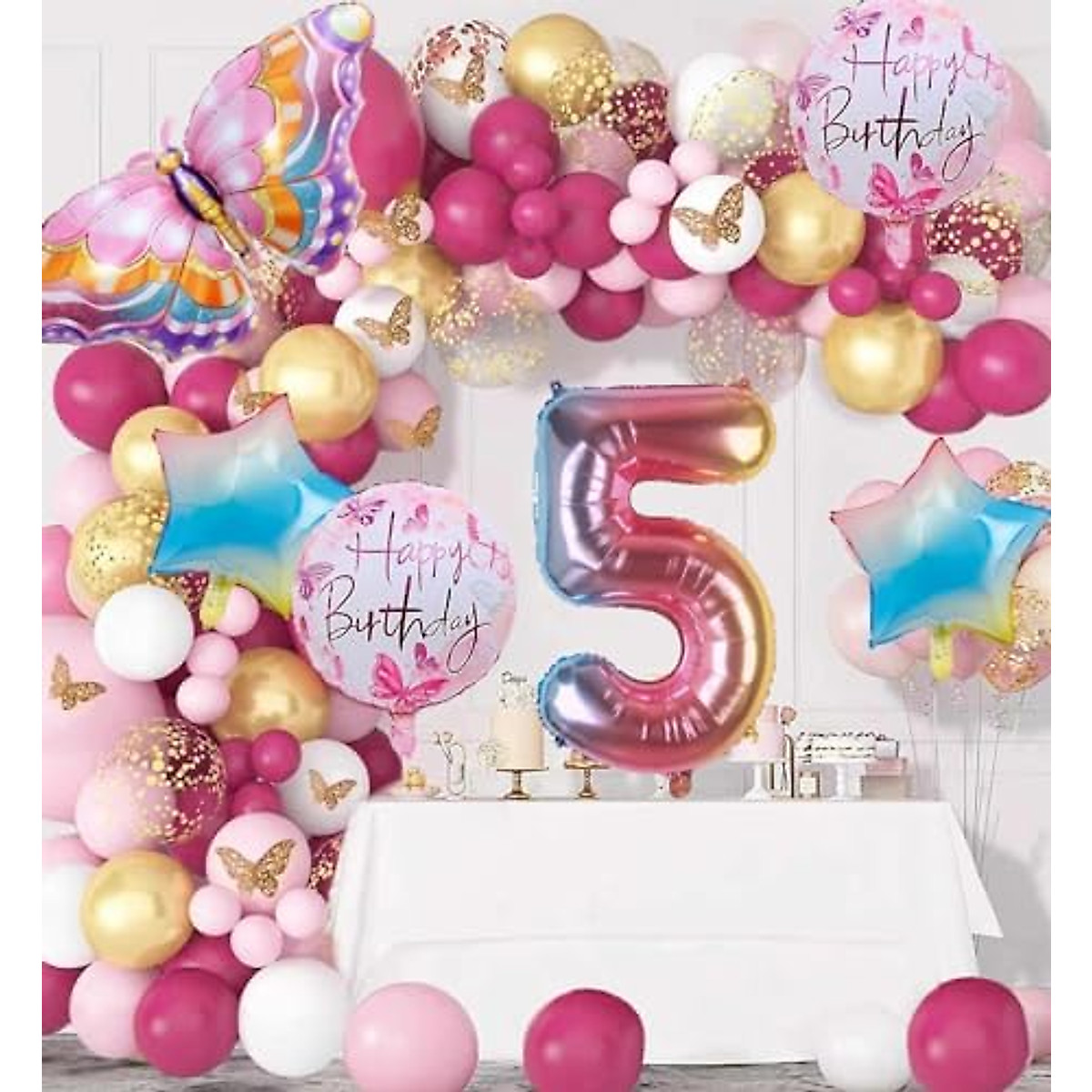 Butterfly Balloons 5th Birthday Decorations for Girls, Butterfly Birthday Party Supplies Fairy Pink Princess Groovy Party Supplies Favors Anniversary Decor, 32 Inch Gradient Balloon Number 5