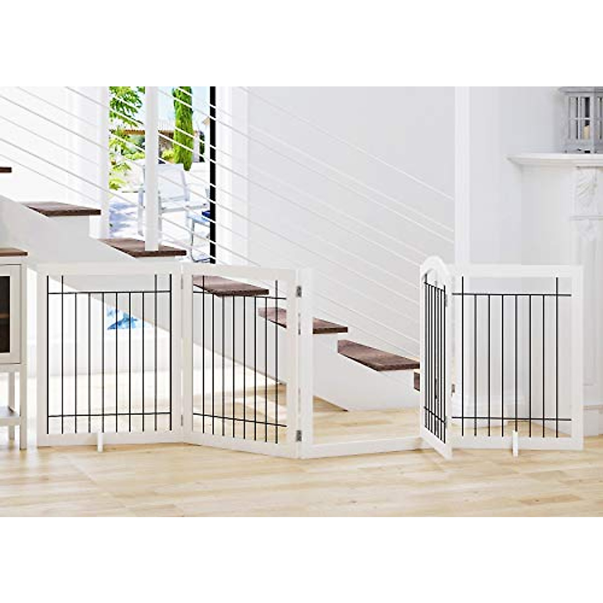 SPIRICH 96-inch Extra Wide 30-inches Tall Dog Gate with Door Walk Through, Freestanding Wire Pet Gate for The House, Doorway, Stairs, Pet Puppy Safety Fence, Support Feet Included (White)