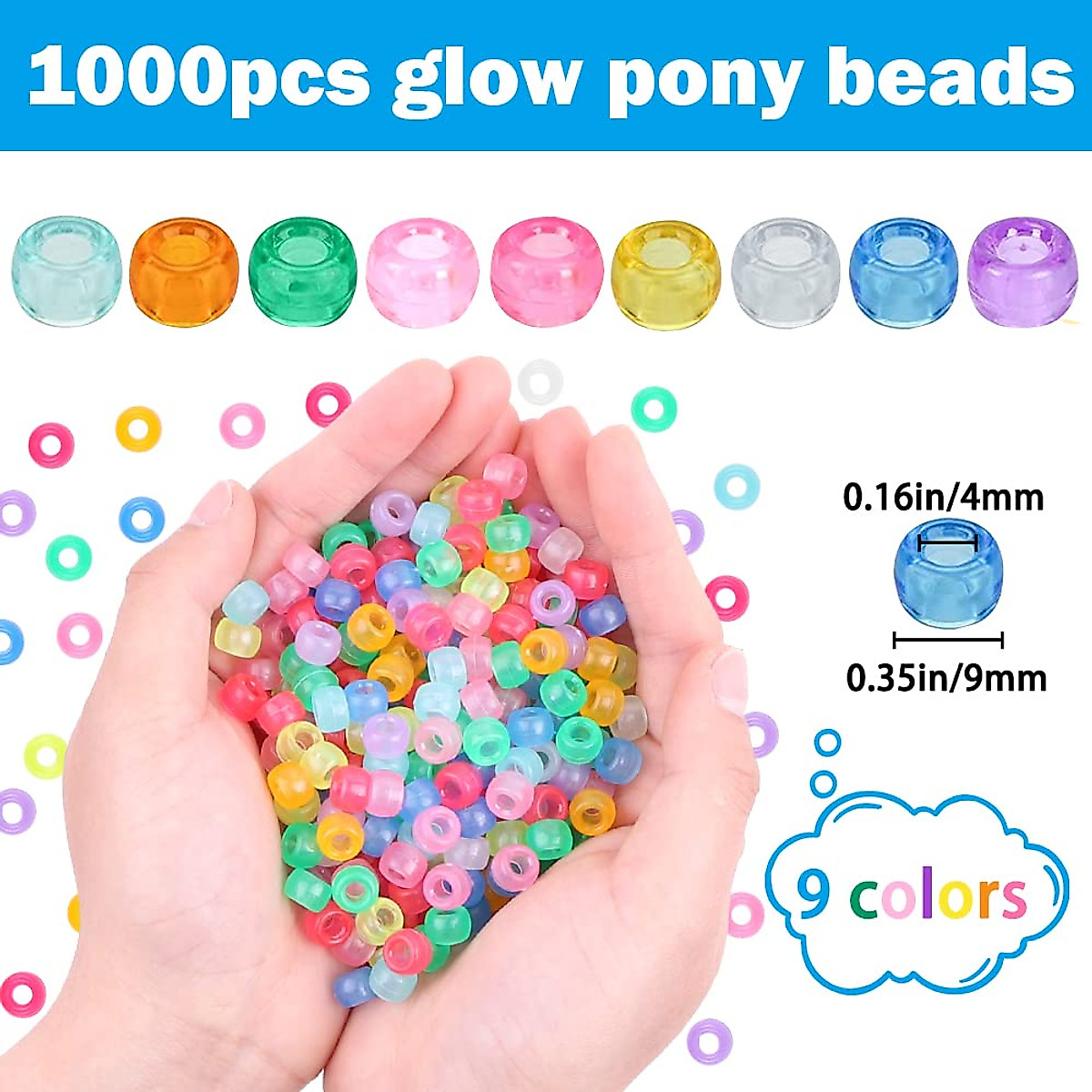 DULEFUN 1000pcs Glow in The Dark Pony Beads Mix 9 Colors Glow Pony Beads Luminous Beads Bulk Acrylic Hair Beads Plastic Pony Beads for Hair Braiding Bracelets Necklaces Making