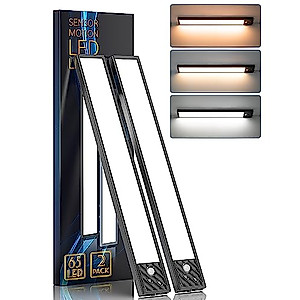 2023 Newest 65 LED Motion Sensor Lights Indoor 3 Color Temps, 2 Packs Dimmable Under Cabinet Lighting, 2500mAh Rechargeable Wireless Closet Lights Night Light for Drawers, Wardrobe, Stair, Kitchen