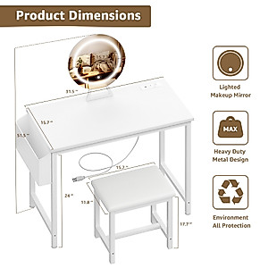 KAI-ROAD Makeup Vanity Desk with Mirror and Lights - Small White Vanity Table with Chair, Power Outlet, Modern Make Up Vanitys Desks Set, Dressing Table for Girls Bedroom
