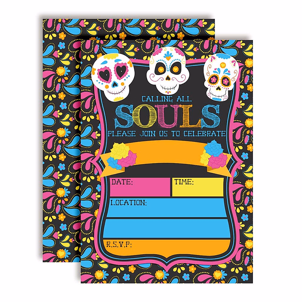 Sugar Skull Day Of The Dead, Dia De Los Muertos, Colorful Halloween Birthday Party Invitations, 20 5x7 Fill In Cards with Twenty White Envelopes by AmandaCreation