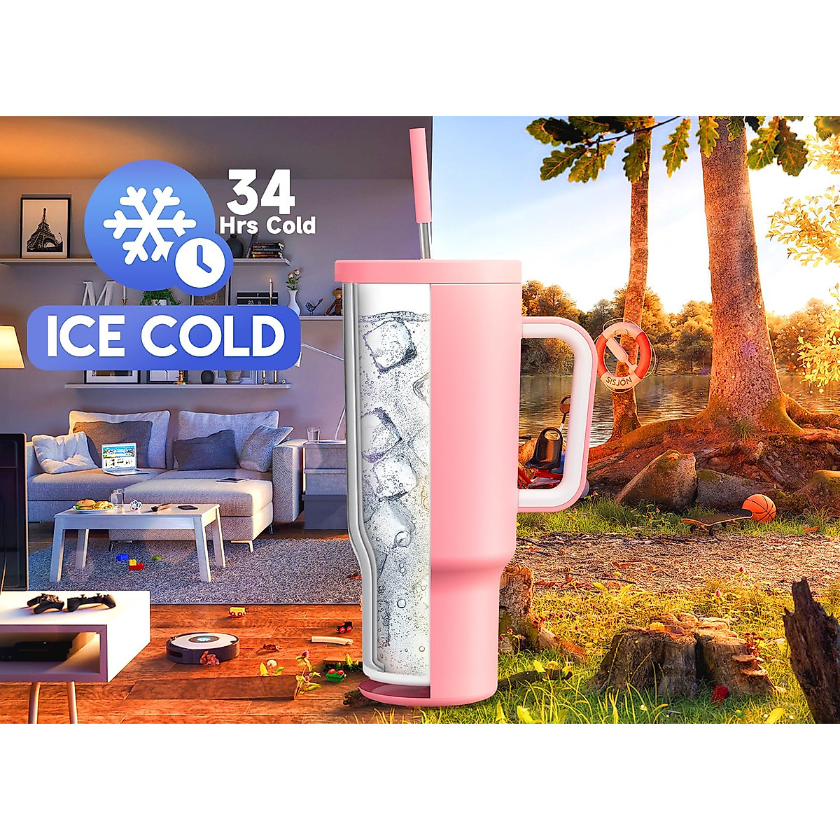 Meoky 40 oz Tumbler with Handle and Straw, Tumbler with Lid and Straw, Insulated Stainless Steel Travel Mug, 100% Leak-proof, Keeps Cold for 34 Hours or Hot for 10 Hours (Blush)