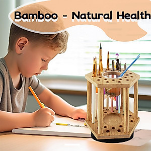 LITAITAI Paint Brush Holder Bamboo Paint Brush Holder,Rotating Watercolor Paint Brush Holder Display Stand and Organizer with 24Holes and 1 Big Hole for Desk, Arts and Crafts (1PCS)