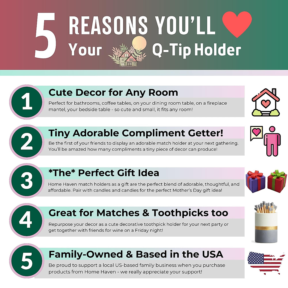 Home Haven Qtip Holder - White/Navy with Gold Stripe - Q Tip Holder for Bathroom, Bathroom Vanity Decor, Floss Pick Holder, Cotton Swab Holder, Bathroom Sink Decor, Flosser Holder, Cute Bathroom Decor