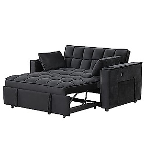 YUNLife Pull Out Sofa Bed Sofabed, Black 55.3" w +Cup Holder and USB Port