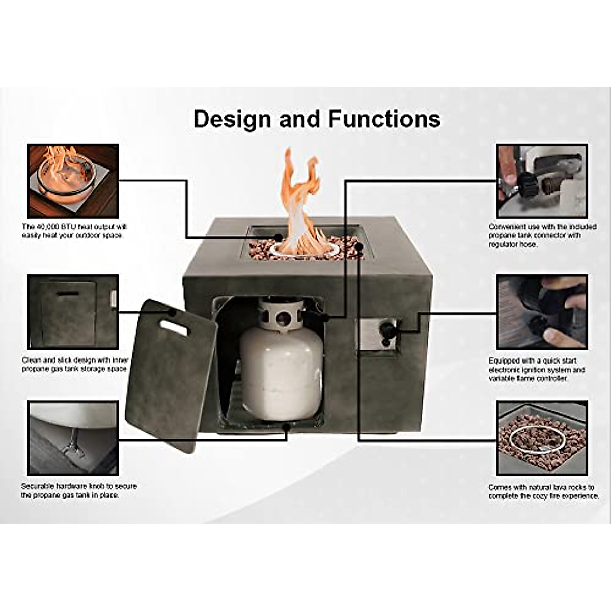XBrand MgO & Metal 40,000 BTU Outdoor Propane Gas Smokeless Square Fire Pit Table with Volcanic Rocks & Rain Cover, 30 inch Wide, Gray