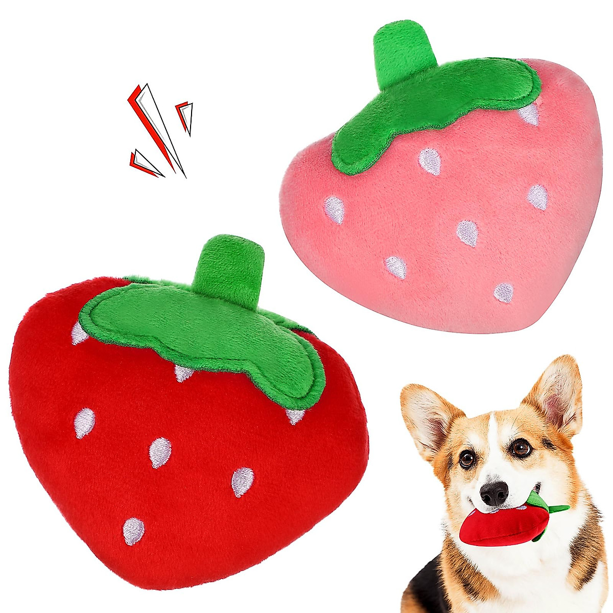 POPETPOP 2Pcs Dog Plush Squeaky Toys - Soft Strawberry Shape Interactive Puppy Chew Toy Stuffed Strawberry for Dogs Teething, Playing, Chewing for Holiday Christmas