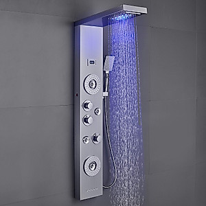 ROVOGO LED Shower Panel Tower System with Rainfall Waterfall Shower Head, 2 Body Jets, 4 Mist Spray, Tub Spout and Handheld, Shower Column with Temp Display, Black