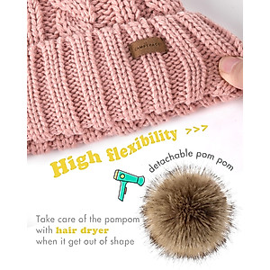 Camptrace Baby Winter Hat Toddler Beanie Baby Girls Boys Hat Warm Faux Fur Pom Kid Chunky Knitted Thick Snow Cap Pink 2-6T