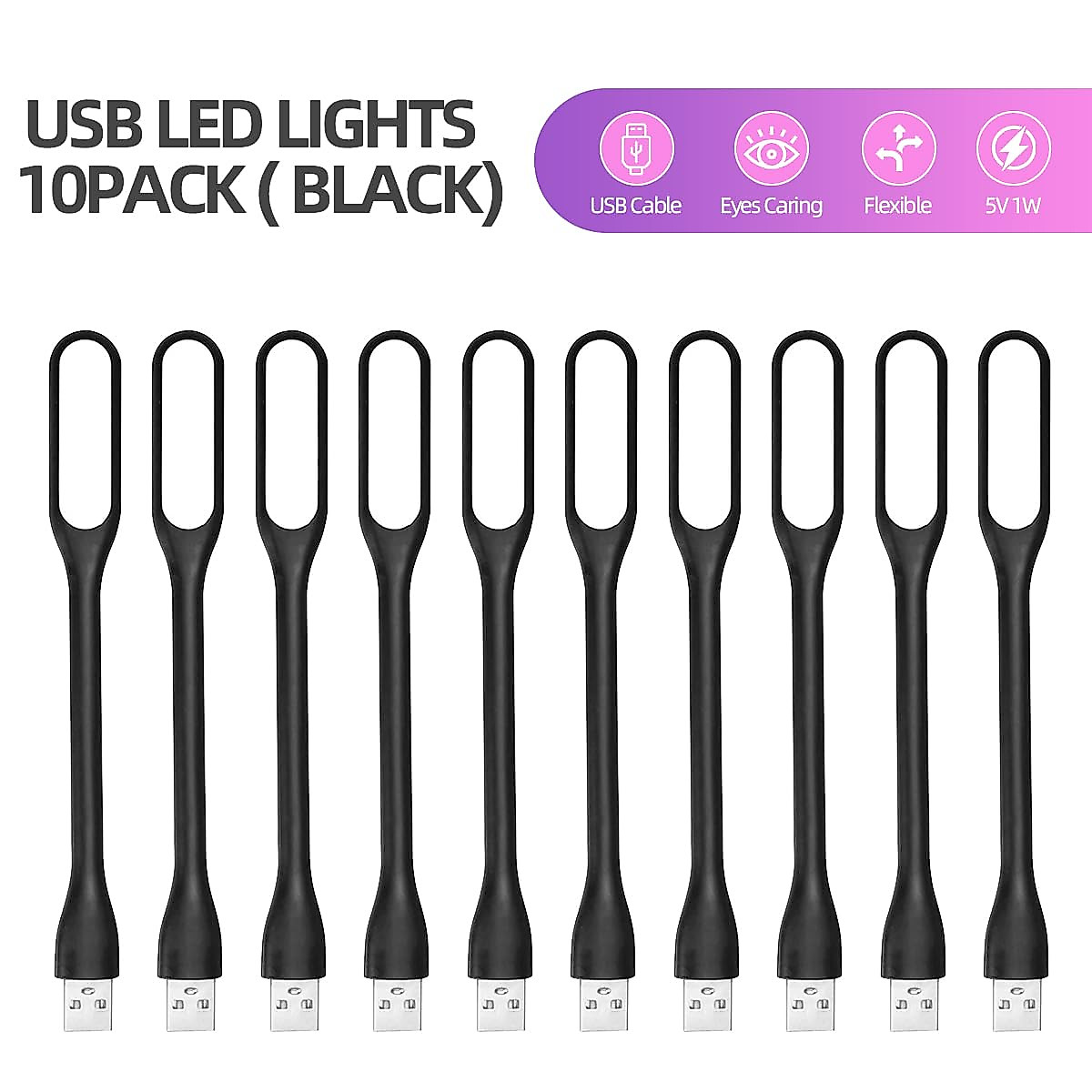 FINENIC USB LED Light Lamp for Power Bank (10 PCS) Portable Eye Care Mini Night Light with Flexible Arm, USB Gooseneck Reading Lamps Book Light,Compatible for Desktop, Notebook Laptop (10-Black)