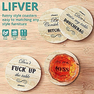 LIFVER Funny Coasters for Drinks with Holder, Set of 8 Marble Style Absorbent Drink Coasters with Cork Base, House Warming Gifts New Home, Perfect for Home Decor, Bar Coaster with 4 Sayings, 4 inch