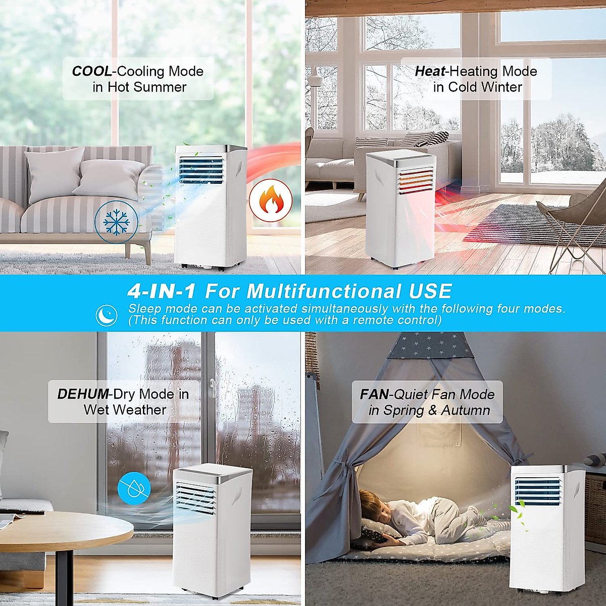 AOXUN 10000BTU Portable Air Conditioner and Heater Dehumidifier and Fan with Remote Control, 4-IN-1 Portable AC Unit For Room, Office, Dorm, Bedroom (Window Venting Kit Included)