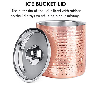BirdRock Home Ice Bucket with Scoop & Lid - 2.8 Liter Hammered 18/8 Stainless Steel Container for Bar - Double Wall Insulated Bucket with Carrying Handle - Great for Parties - (Copper)