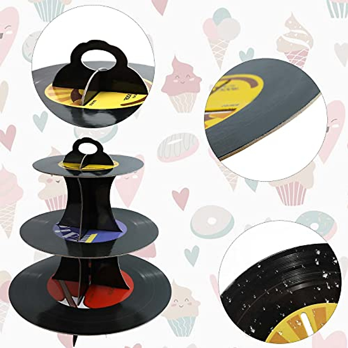 1950's Rock and Roll MusicTheme, 3-Tier Paper Record Cake Stand Cupcake Tower for 8-12 Cupcakes Perfect for 50's Theme Party Music Party Birthday Party Supplies, Gift for Music Lover