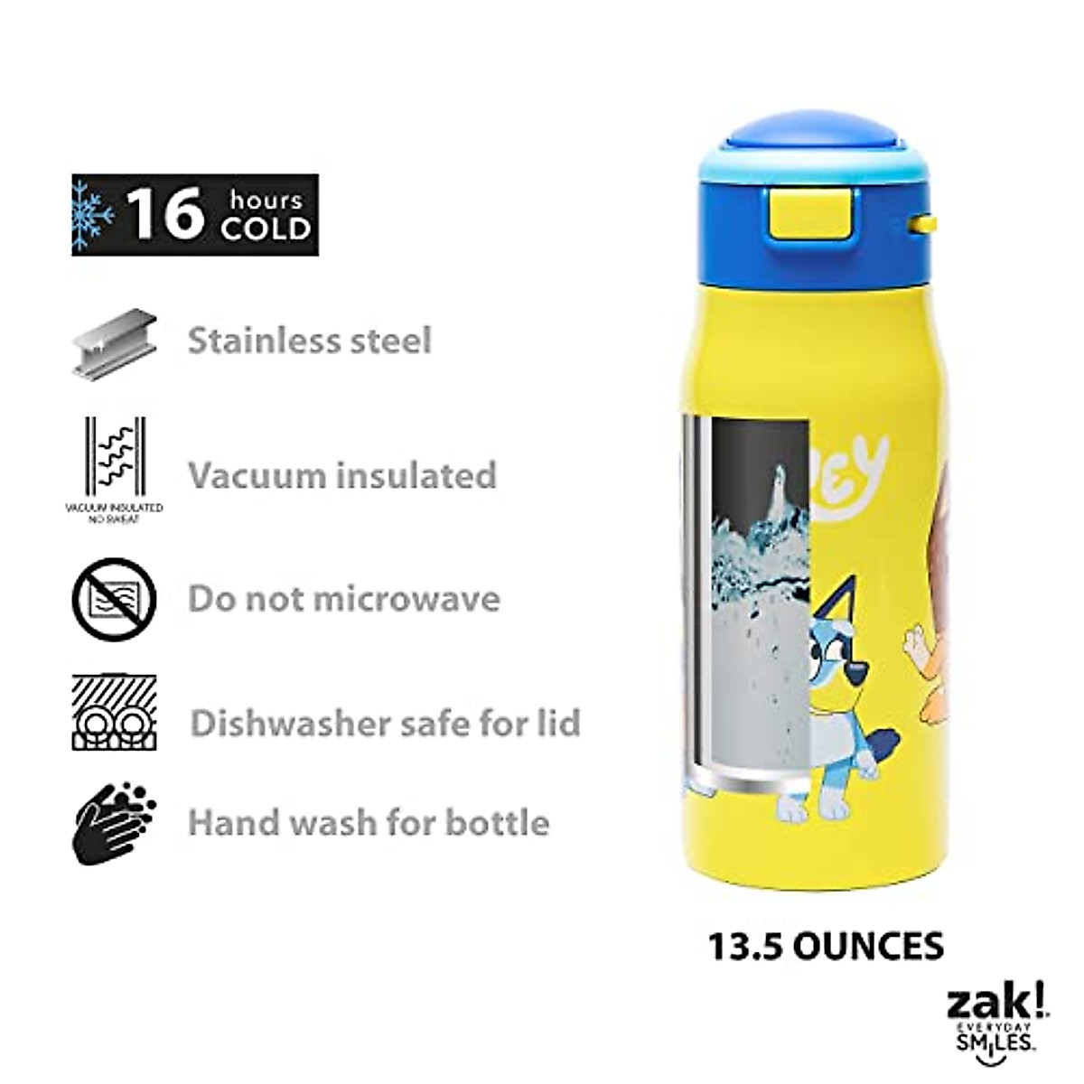 Zak Designs Bluey Double-Wall Vacuum Insulated, Stainless Steel Kids Mesa Water Bottle with Flip-Up Straw Spout and Locking Spout Cover, Durable Cup for Sports or Travel (13.5 oz, 18/8 SS)