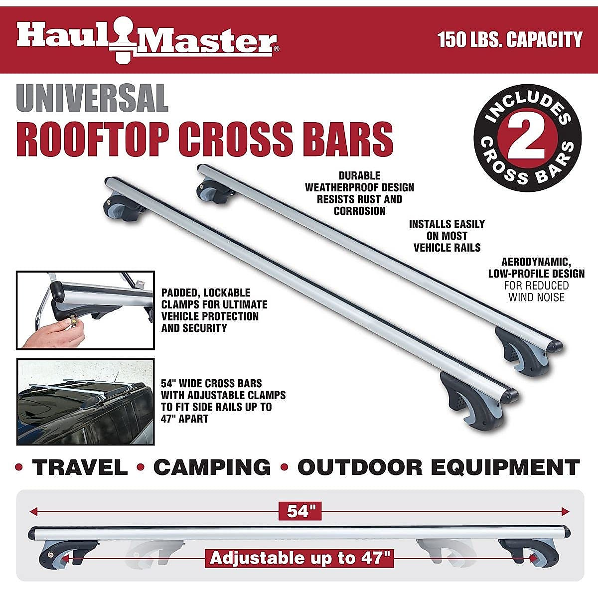 Universal Aluminum Rooftop Set of Cross Bars Racks Holds up to 150 lbs Aerodynamic, Low-Profile Haul Master