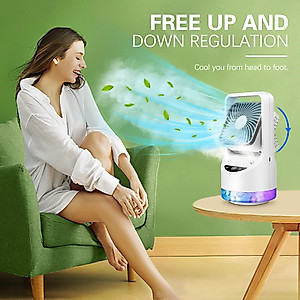 Portable Air Conditioner Fan, Rechargeable Evaporative Air Cooler, Personal Air Cooler Humidifier with 3-Speed, 90° Oscillating, 7 Colors Light, Aroma Discs, Desk Cooling Fan for Home Office Camping