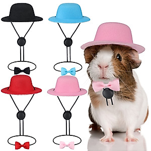 4 Sets 8 Pieces Guinea Pig Clothes Small Animal Bow Ties Pet Hats Outfit Suit Cosplay Cool Kawaii Pet Black Hat for Hamster Ferret Cat Rats Puppy Kitten Hedgehog Bearded Dragon