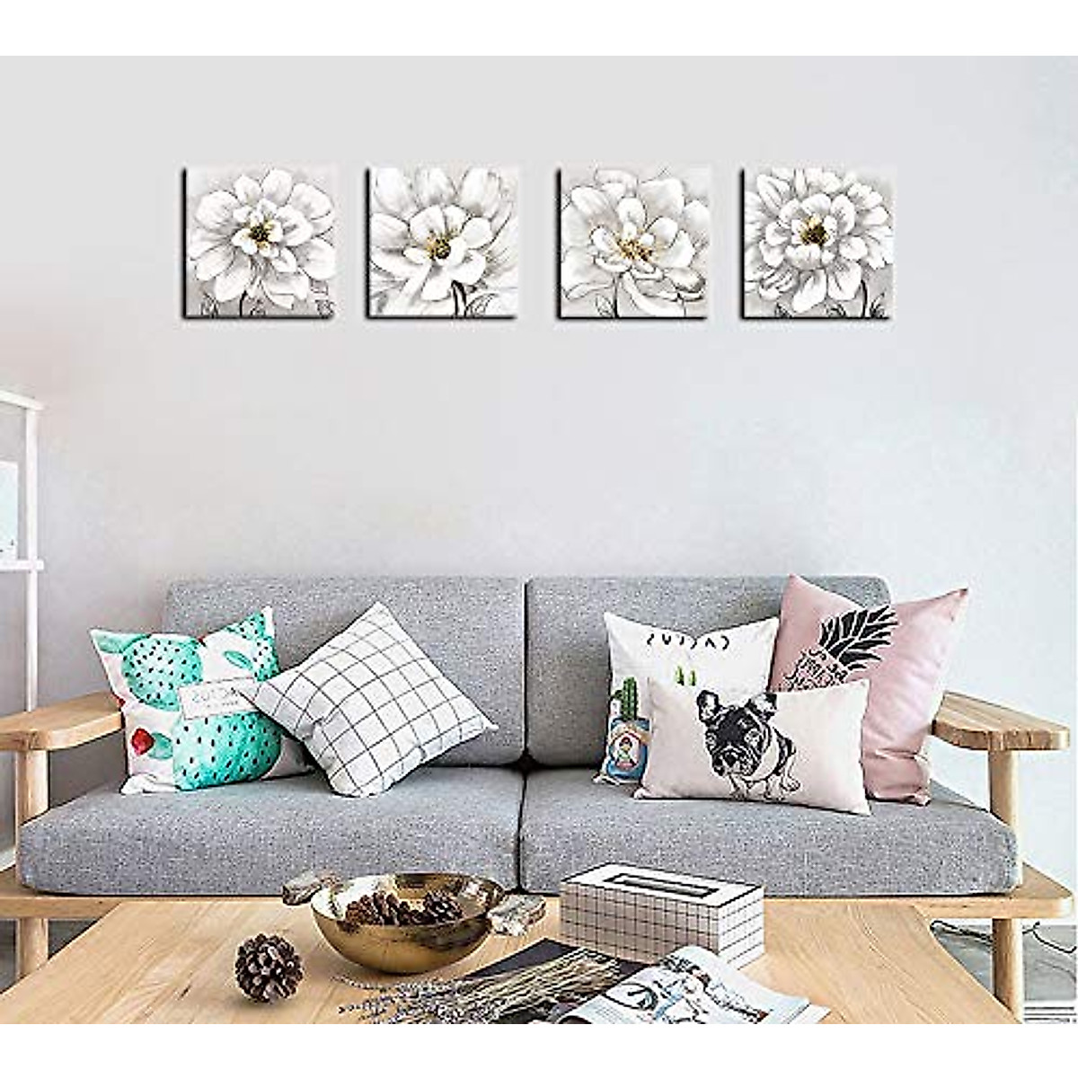 Flowers Wall Art Bathroom Wall Decor Abstract Botanical Picture Contemporary Wall Art Prints Bedroom Living Room Kitchen Office Home Decor Modern White Flower Canvas Artwork 12" x 12" x 4 Pieces