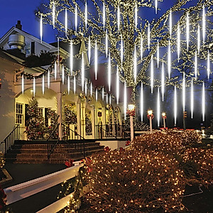 LED Christmas Lights, LED Meteor Shower Rain Lights White 8 Tubes 192 LEDs Waterproof Snow Falling Raindrop Icicle Garden Light for Christmas Tree Halloween Decoration Holiday Party Wedding (White)