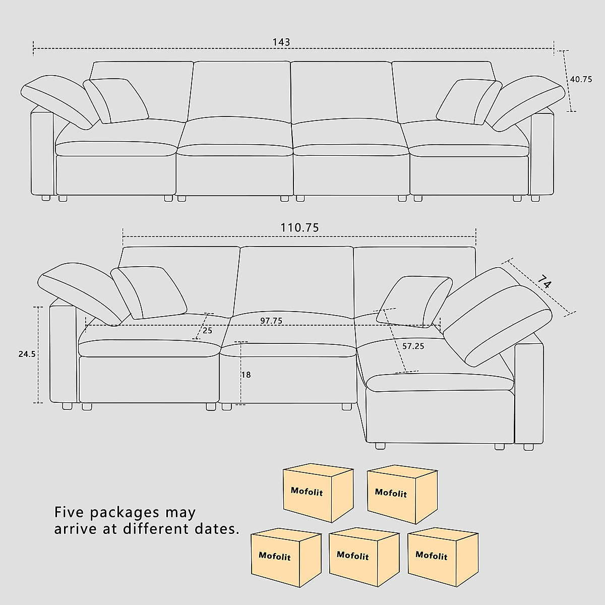 Mofolit Oversized Sectional Sleeper Sofa Couch w/Deep seat, Big Comfy Corduroy Couch w/overstuffed Cushion, Modular sectional Cloud Couch,L Shaped Couch Setional for Living Room (Grey)