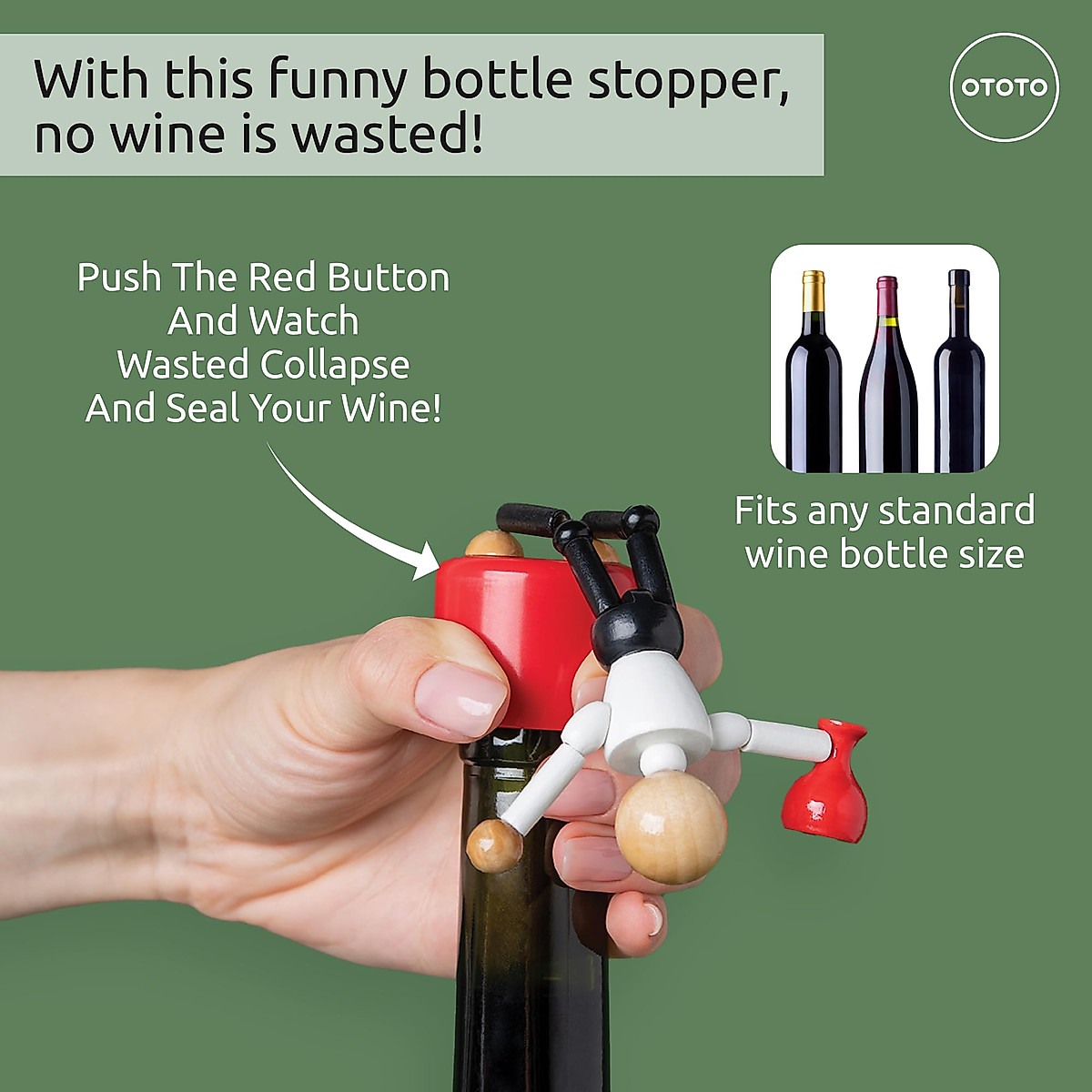 Wasted Wine Stopper by OTOTO - Wine Bottle Stopper, Wine Stoppers for Wine Bottles, Wine Accessories, Wine Bottle Stoppers, Funny Kitchen Gadgets, Fun Wine Stoppers Cute Wine Corks for Wine Bottles