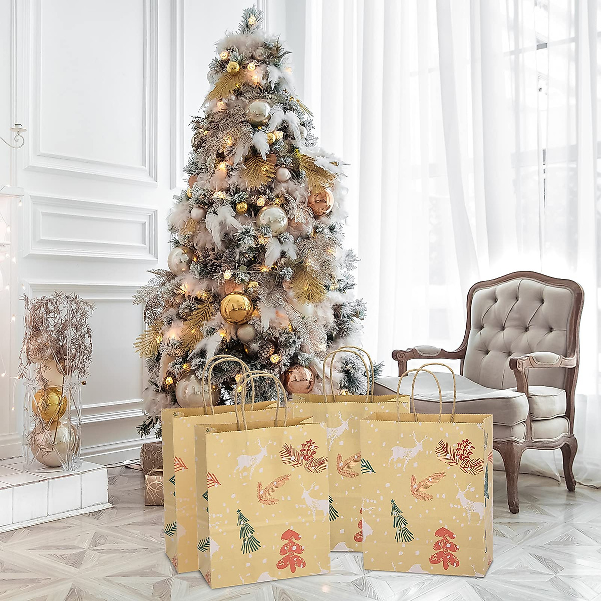 Ronvir 50Pcs Christmas Gift Bags, Medium Christmas Paper Bags, Recycled Christmas Party Favor Bags, Xmas Gift Bags Bulk With Handles For Christmas, Goodie, Treat