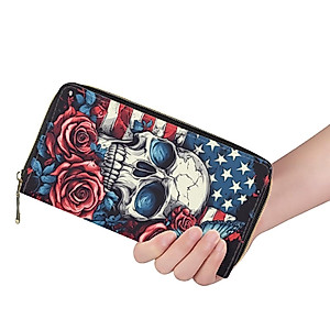 Snilety Women Long Wallet PU Leather Card Case, Red Rose Printed RFID Credit Card Holder Zipper ID Card Travel Wallet