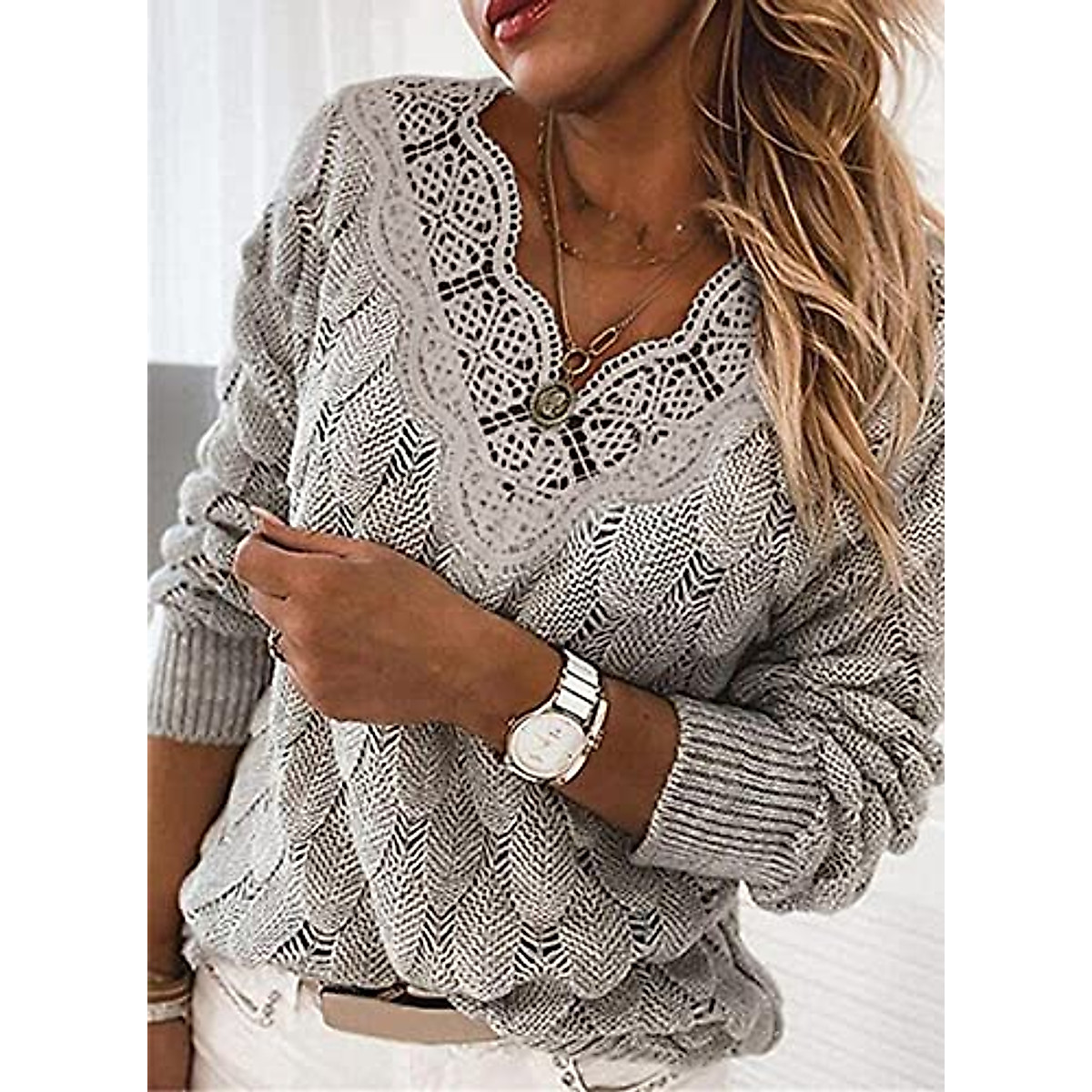 Yousify Women Lace V Neck Long Sleeve Pullover Sweaters Lightweight Knit Solid Color Novelty Jumper Tops