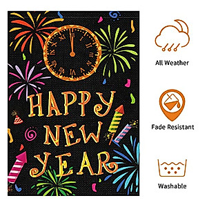 Heyfibro Happy New Year Garden Flag Cheers Celebrate New Year Count Down Yard Flags 12x18 Inch Double Sided Burlap Firework Celebration Banner for Winter Holiday Party Yard Outdoor Decoration(ONLY FLAG)