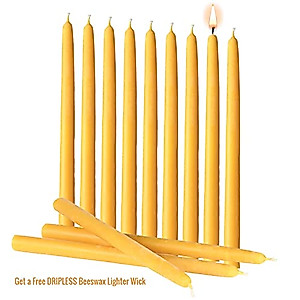 Beeswax Taper Candles 100% Natural Pure Refined Unscented and Decorative - with Chemical Free Cotton 12 Pack BOUNS Get a Free DRIPLESS Beeswax Lighter Wick Made in USA Since 1956 4 Hours