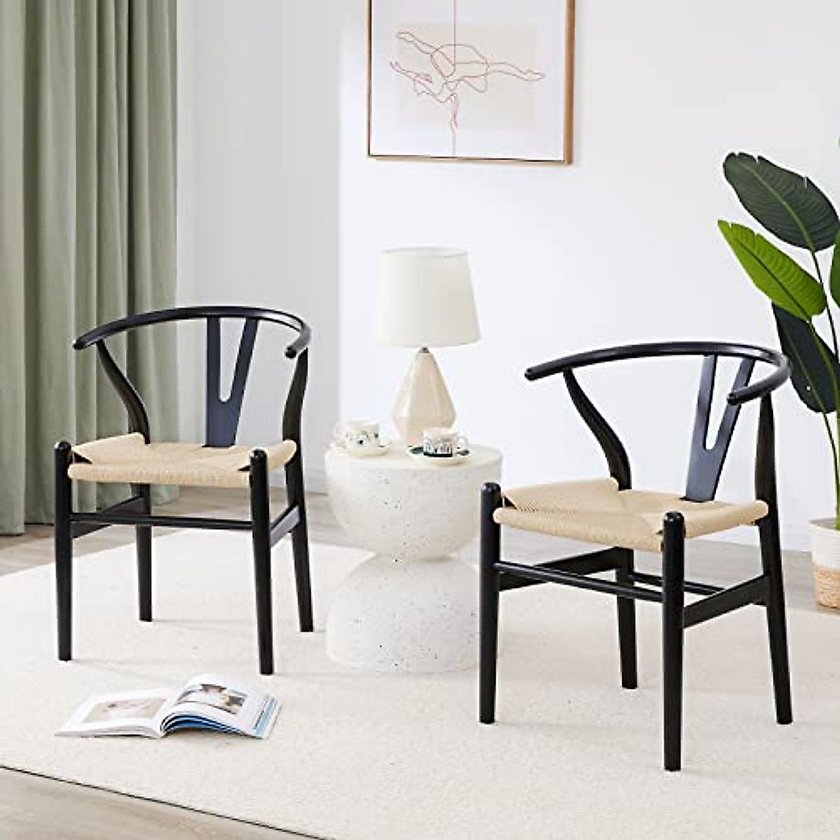 Farini Wishbone Chairs for Dining Room Solid Wood Rattan Chair Armchairs Y Shaped Backrest Hemp Seat for Home Restaurant Fully-Assembled(Set of 2,Black-Beige Seat)