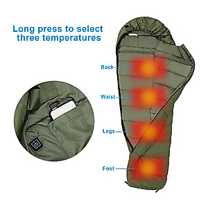 Mummy Sleeping Bag with Composite Fiber Heating Plate, Compression Sack for 3-4 Season Lightweight, Water Resistant & Warm for Camping, Hiking, Traveling and Outdoors（Power Bank NOT Included）