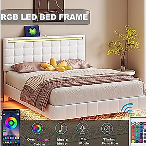 Gustonhon Queen Floating Bed Frame with LED Lights and USB Charging Bed for Modern Space,Upholstered PU Platform LED Bed with Headboard,No Box Spring Needed, Noise Free, Easy Assembly (White)